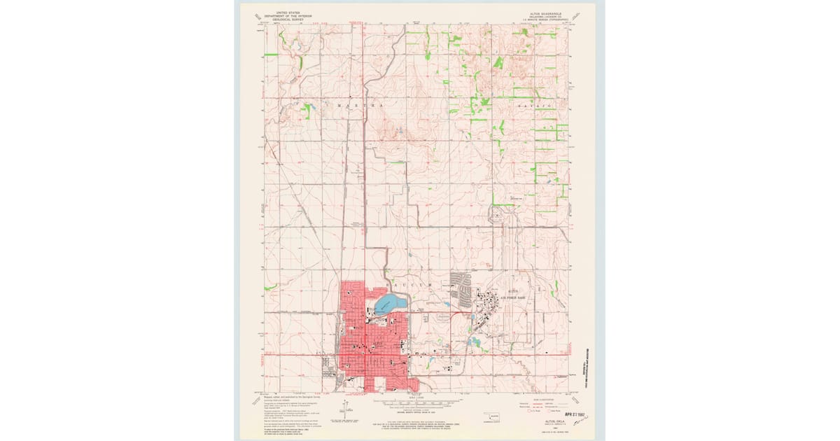 1964 Map of Altus, OK — High-Res, 1982 Print | Pastmaps