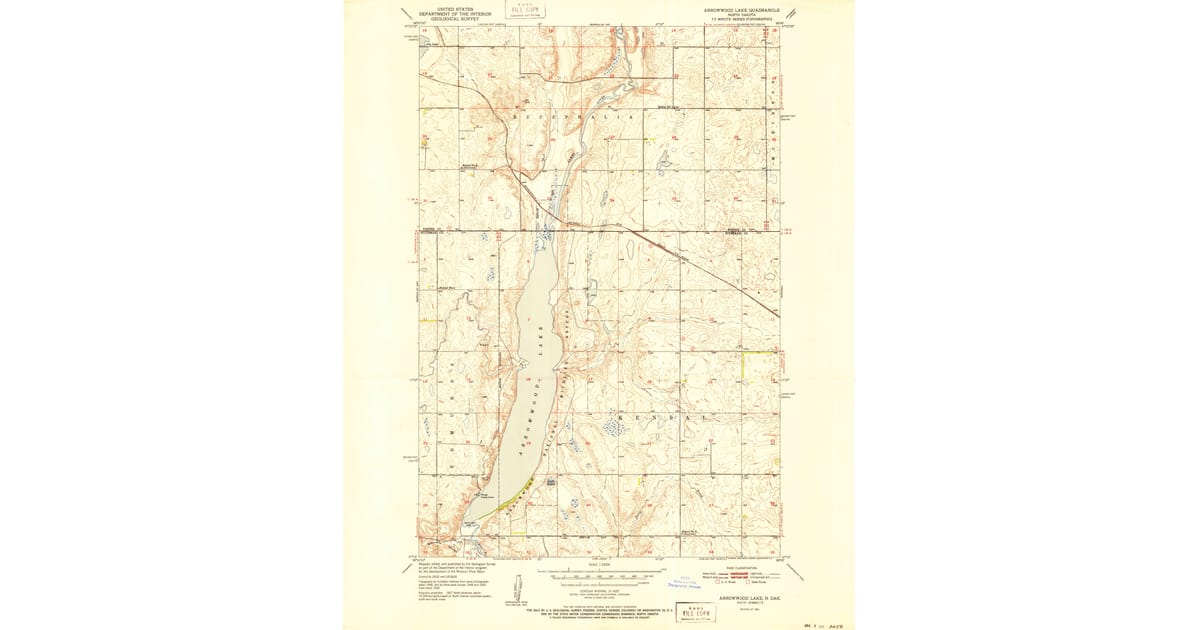 1951 Map of Arrowwood Lake, Stutsman County, ND — High-Res | Pastmaps