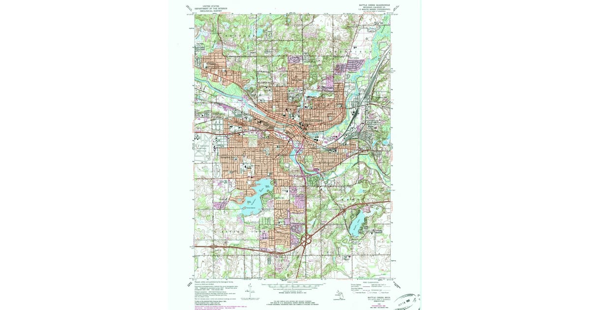 1961 Map of Battle Creek, MI — High-Res, 1985 Print | Pastmaps