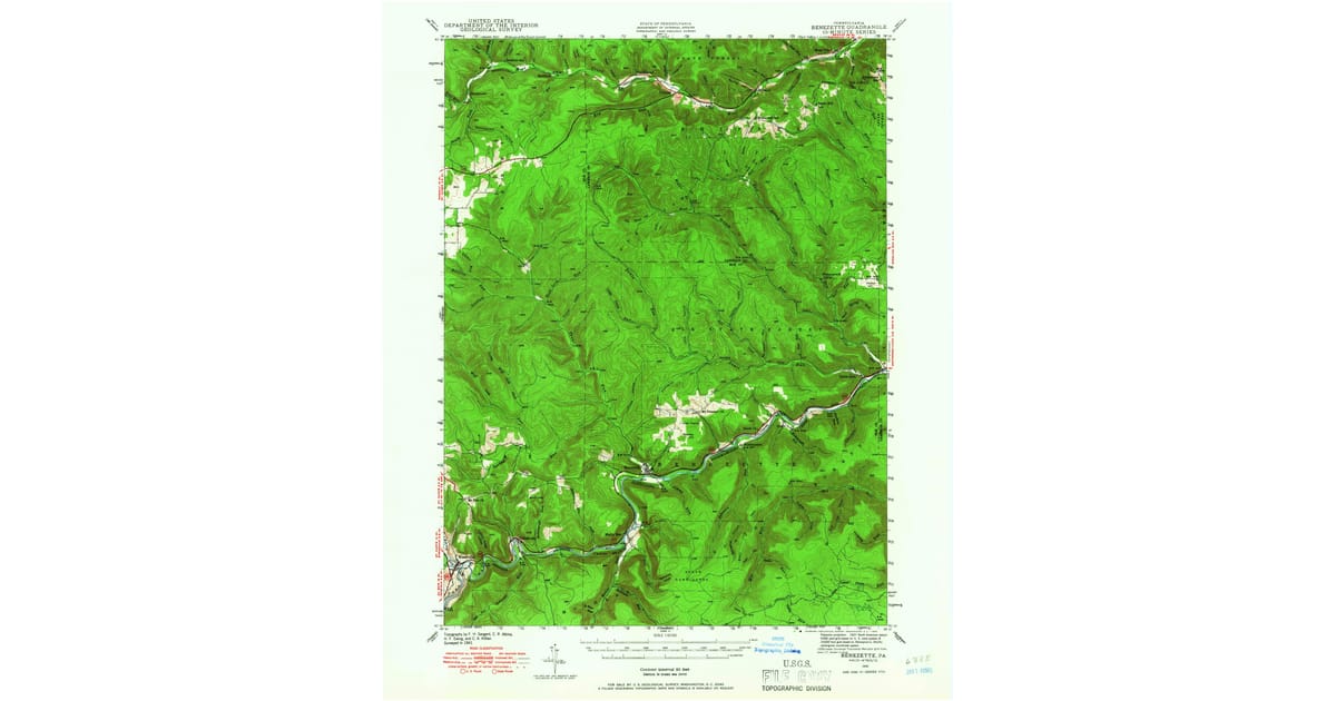 1941 Map of Benezette, Elk County, PA — High-Res, 1965 Print | Pastmaps