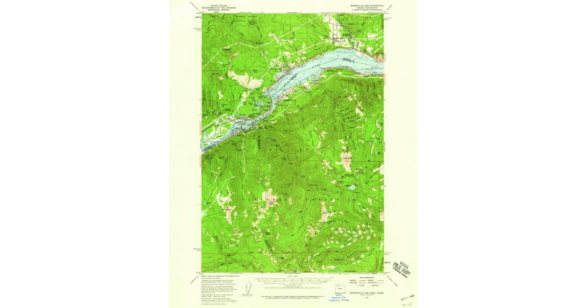 1957 Map of Bonneville Dam, Multnomah County, OR — High-Res | Pastmaps