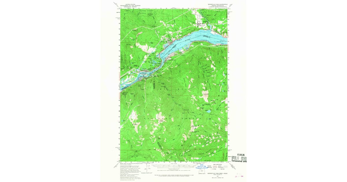 1957 Map of Bonneville Dam, Multnomah County, OR — High-Res, 1968 Print ...