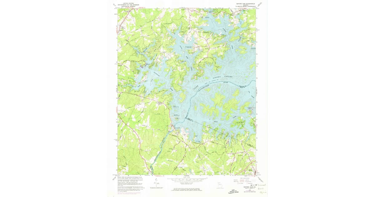 1964 Map of Buford Dam, Forsyth County, GA — High-Res, 1974 Print ...