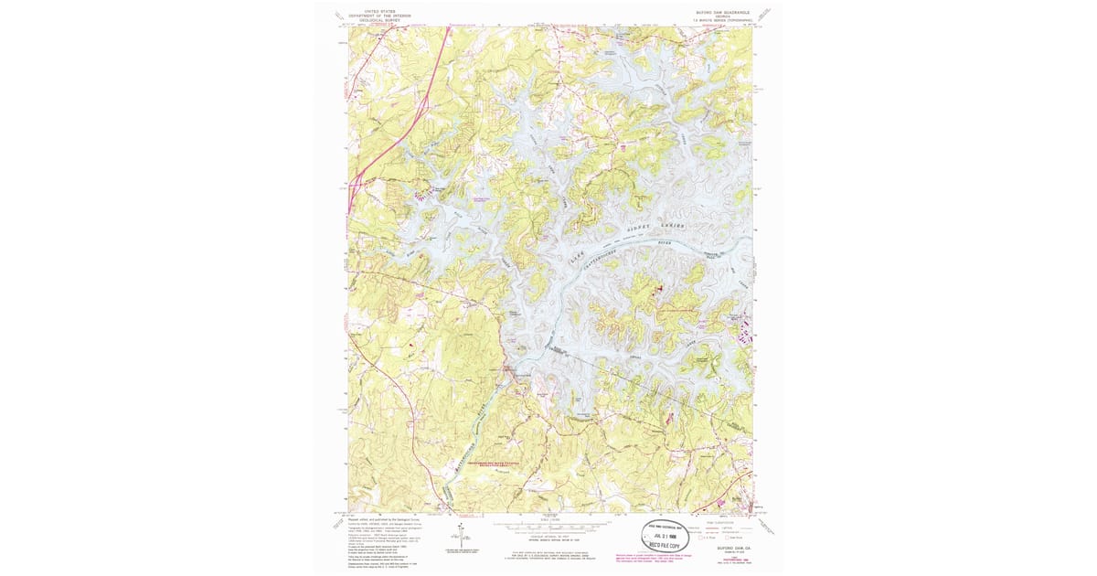 1964 Map of Buford Dam, Forsyth County, GA — High-Res, 1986 Print ...