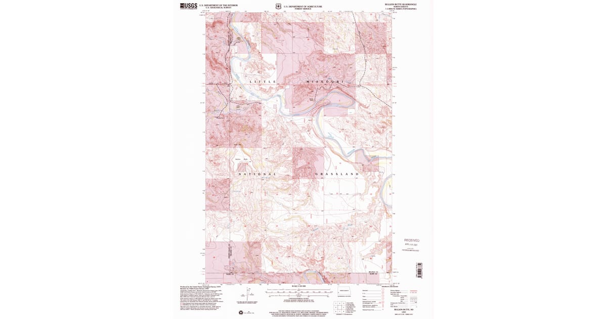 1997 Map of Bullion Butte, Billings County, ND — High-Res | Pastmaps