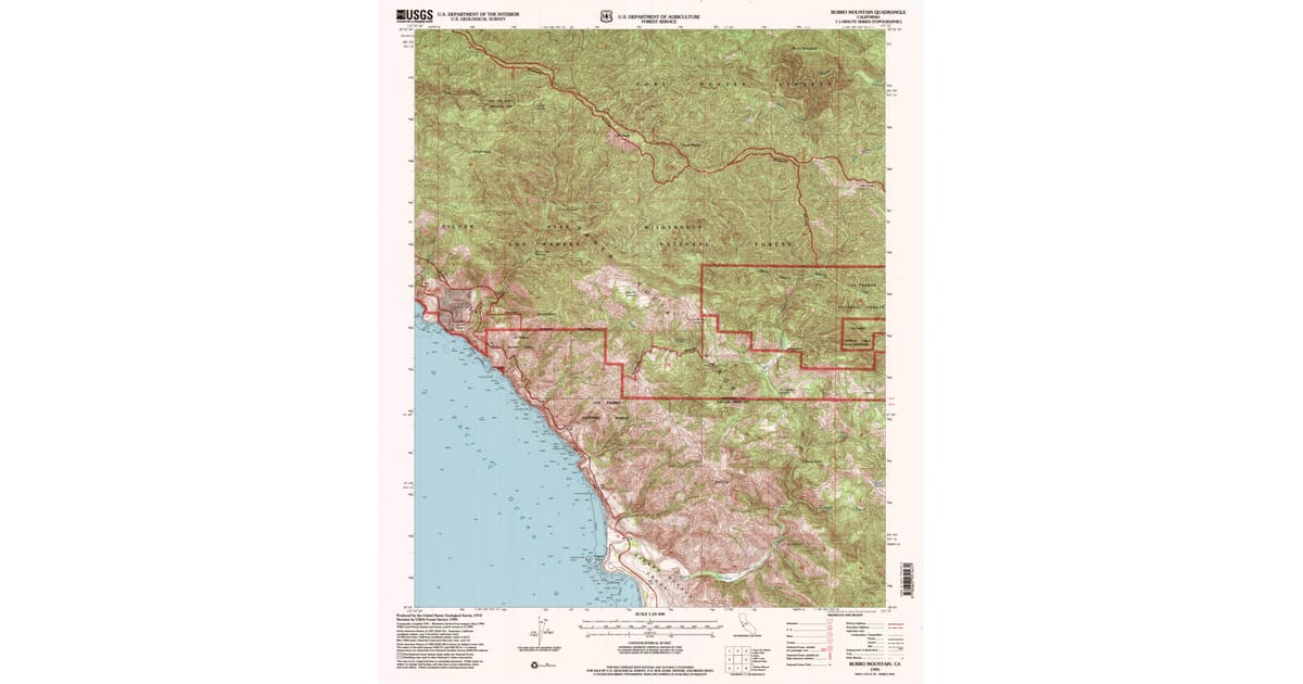 1995 Map of Burro Mountain, Monterey County, CA — High-Res | Pastmaps