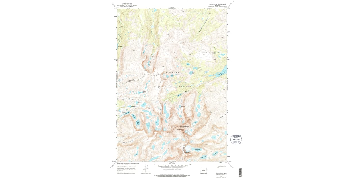 1967 Map of Cloud Peak, Johnson County, WY — High-Res, 1987 Print #2 ...