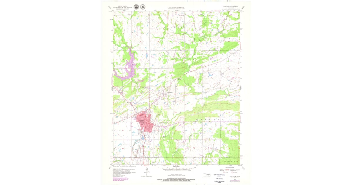 1957 Map of Coalgate, OK — High-Res, 1979 Print | Pastmaps