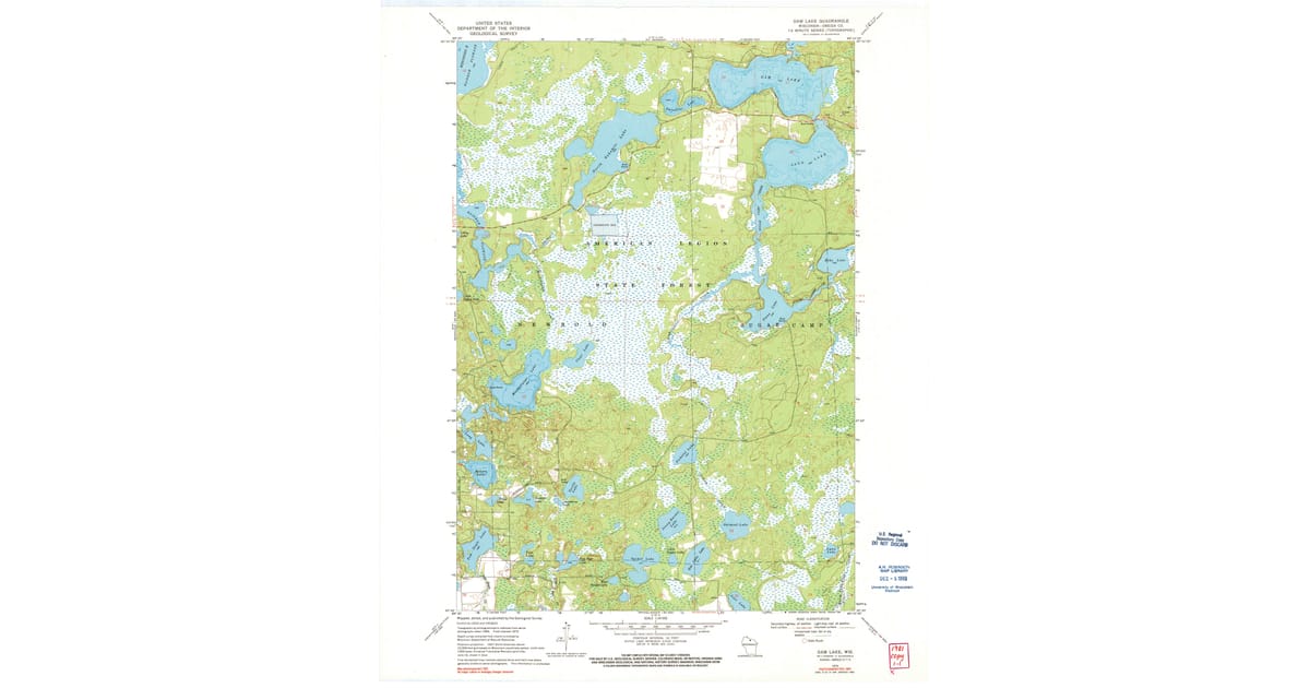 1970 Map of Dam Lake, Oneida County, WI — High-Res, 1990 Print | Pastmaps