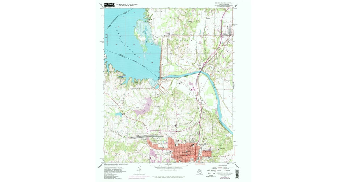 1957 Map of Denison Dam, Grayson County, TX — High-Res, 1976 Print #2 ...