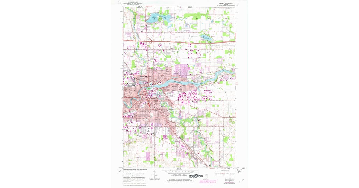 1961 Map of Elkhart, IN — High-Res, 1982 Print | Pastmaps