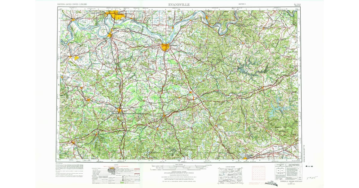 1957 Map of Evansville, IN — High-Res, 1975 Print | Pastmaps