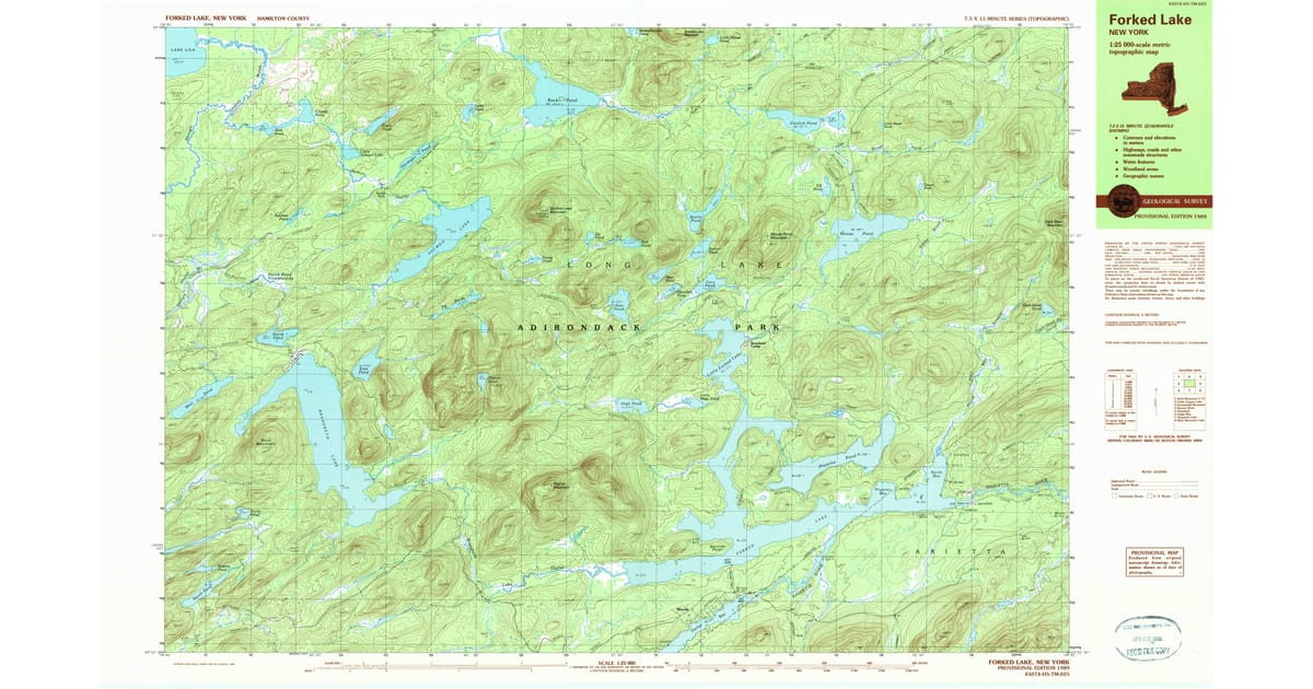 1989 Map of Forked Lake, Hamilton County, NY — High-Res | Pastmaps