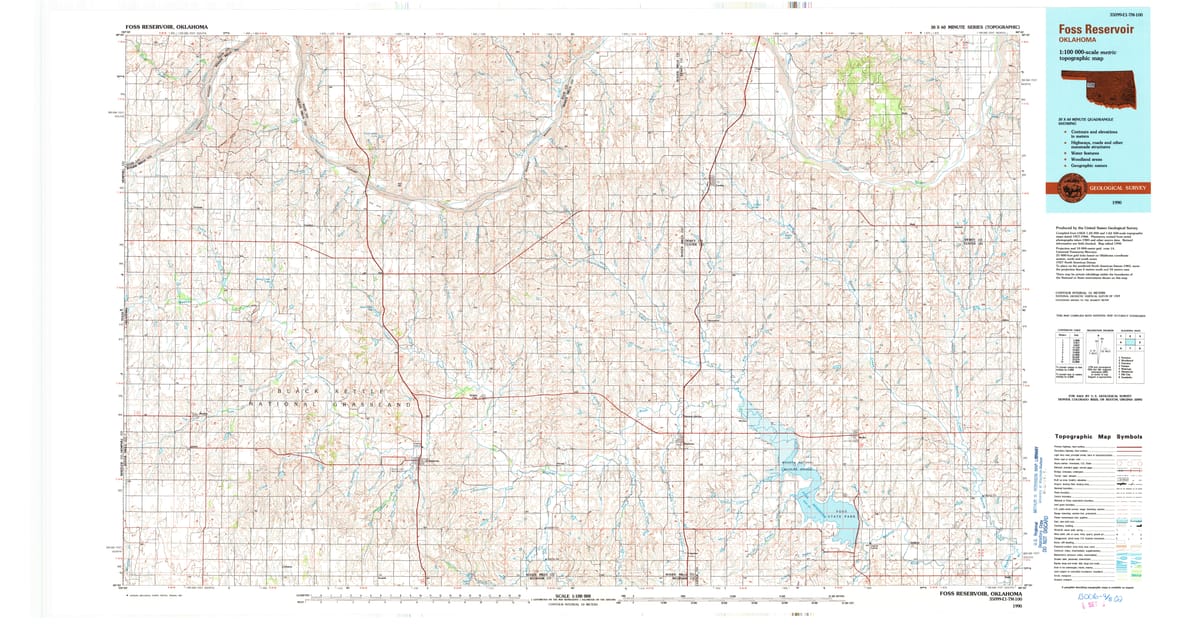 1990 Map of Foss Reservoir, Roger Mills County, OK — High-Res | Pastmaps