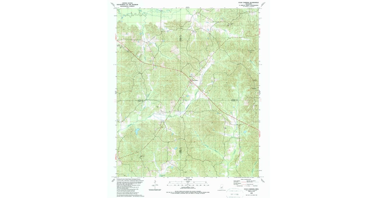1989 Map of Four Corners, Winston County, MS — High-Res | Pastmaps