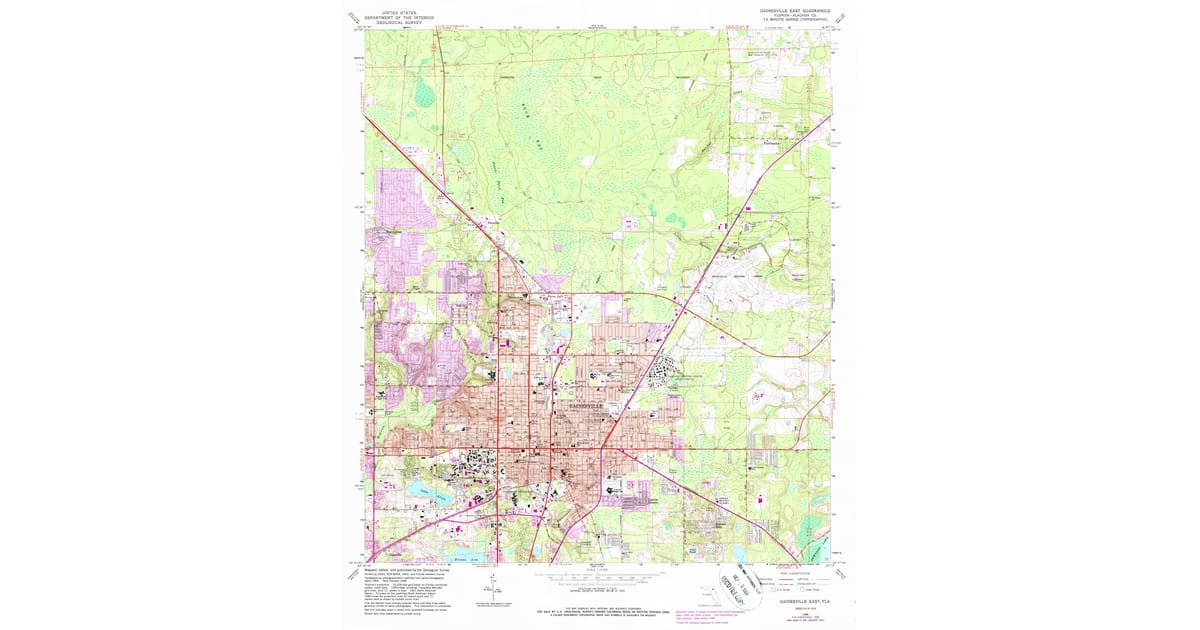 1966 Map of Gainesville East, Alachua County, FL — High-Res, 1988 Print ...