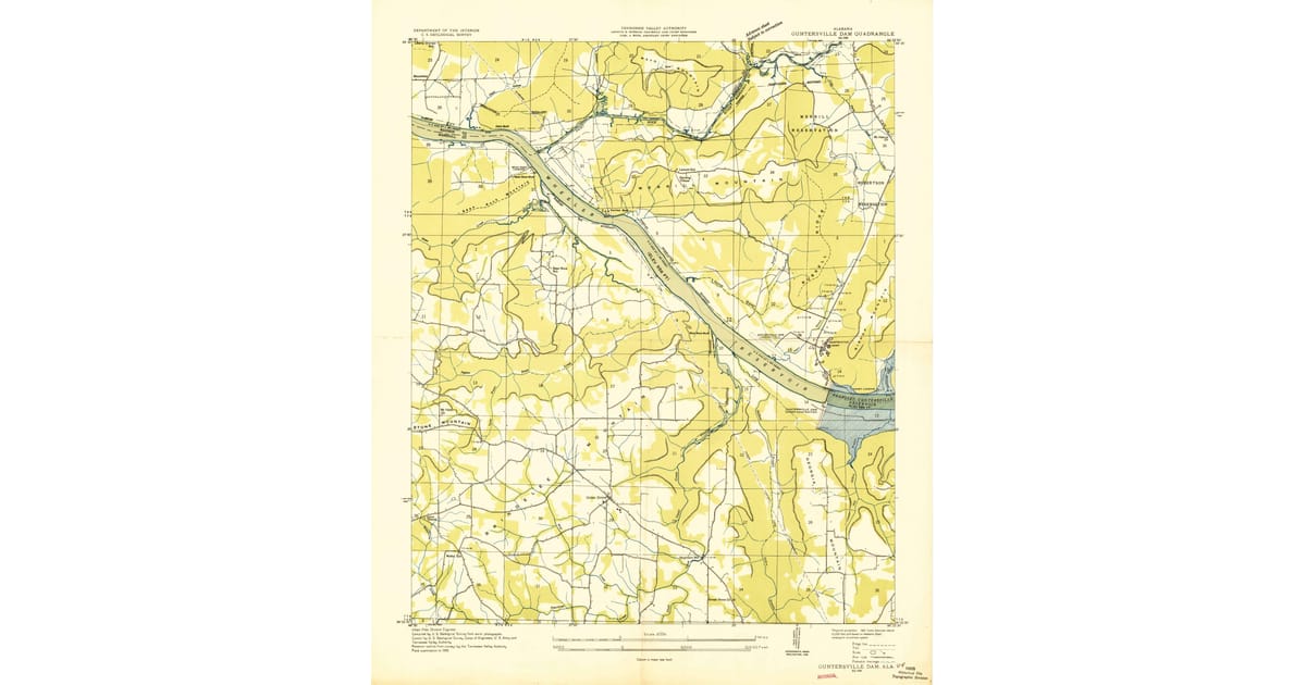 1936 Map of Guntersville Dam, Marshall County, AL — High-Res | Pastmaps