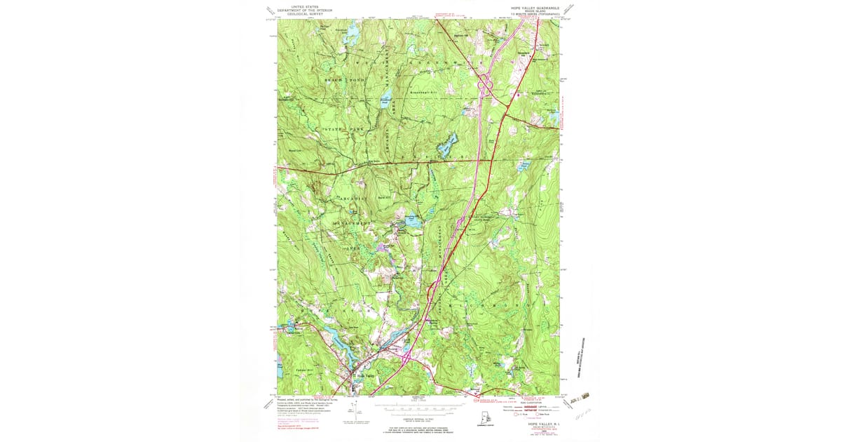 1953 Map of Hope Valley, RI — High-Res, 1983 Print | Pastmaps