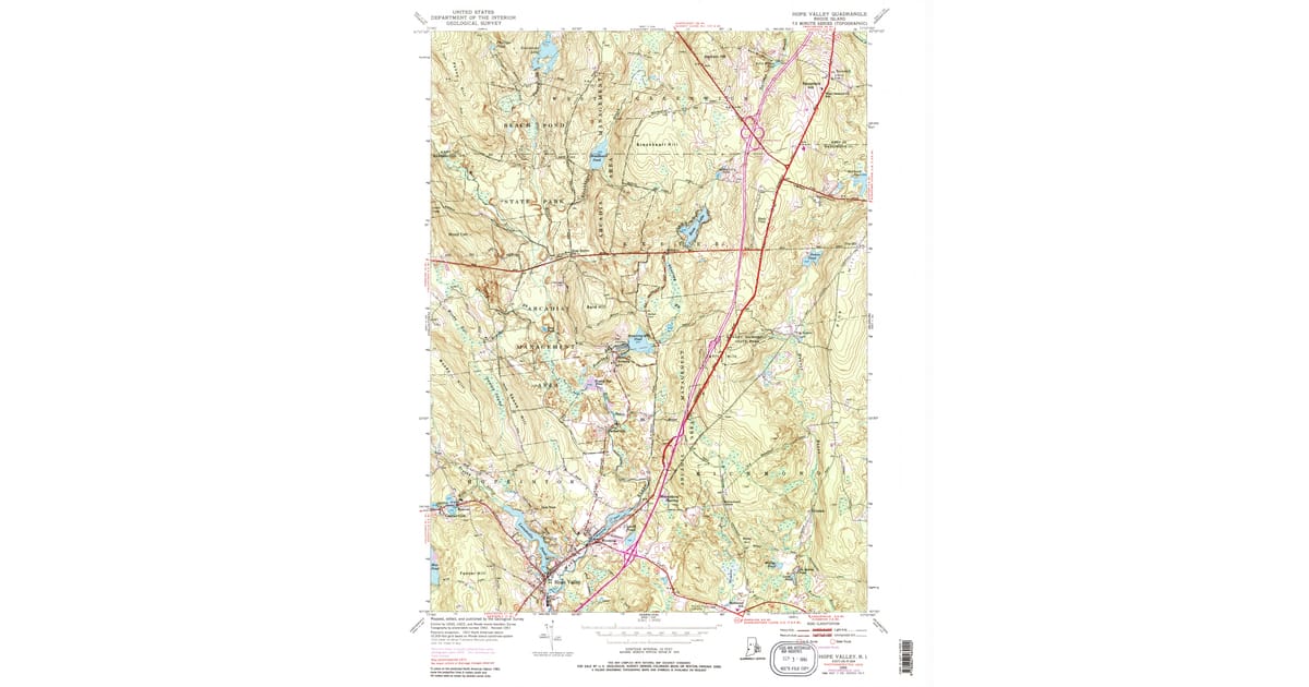 1953 Map of Hope Valley, RI — High-Res, 1987 Print | Pastmaps