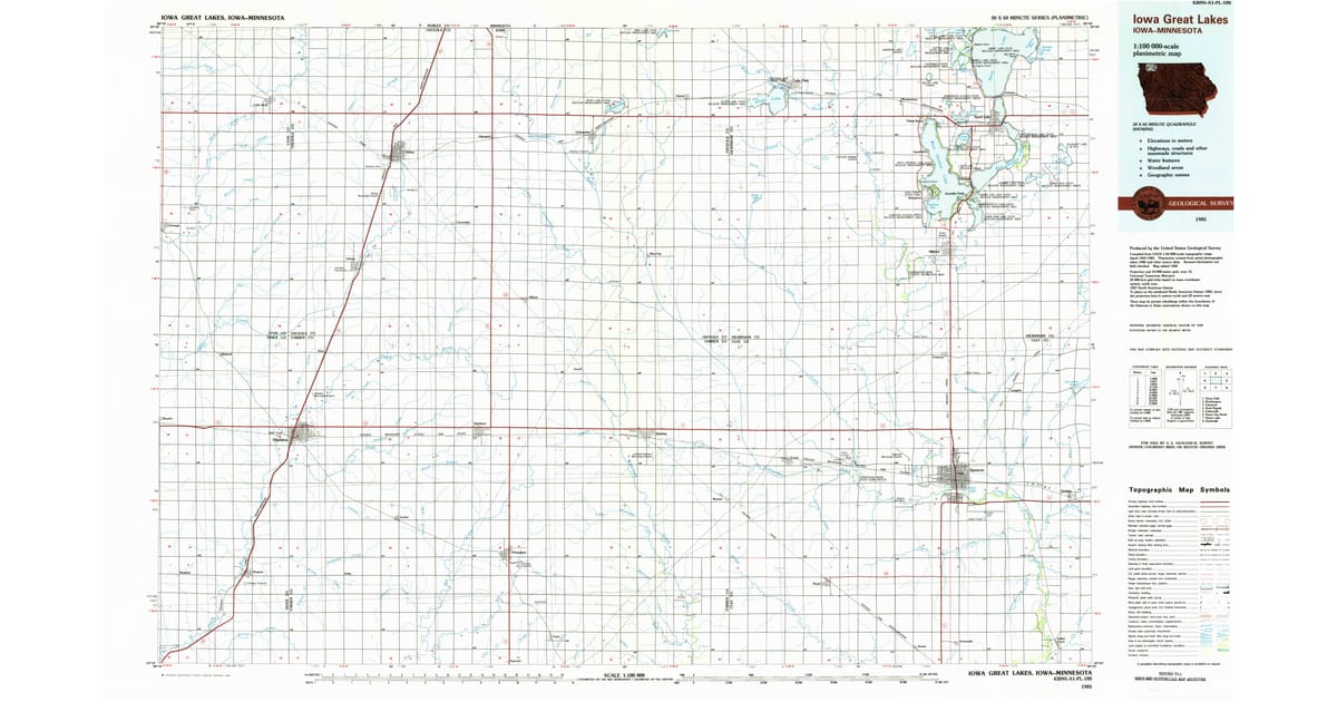 1985 Map of Iowa Great Lakes, O'Brien County, IA — High-Res | Pastmaps