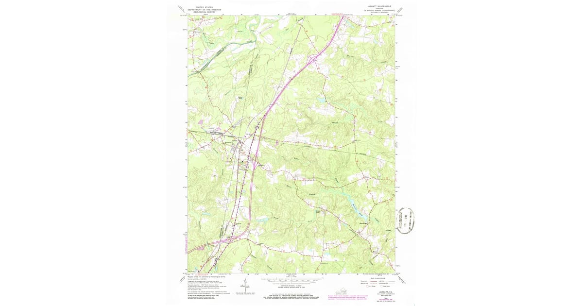1966 Map of Jarratt, VA — High-Res, 1986 Print #2 | Pastmaps