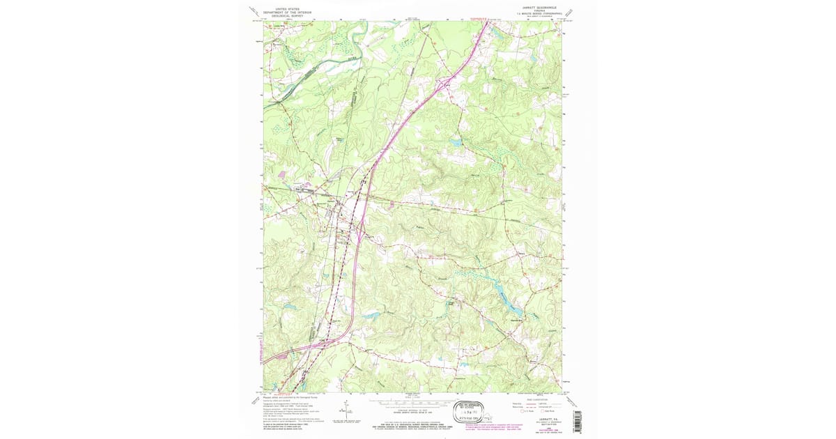 1966 Map of Jarratt, VA — High-Res, 1986 Print | Pastmaps
