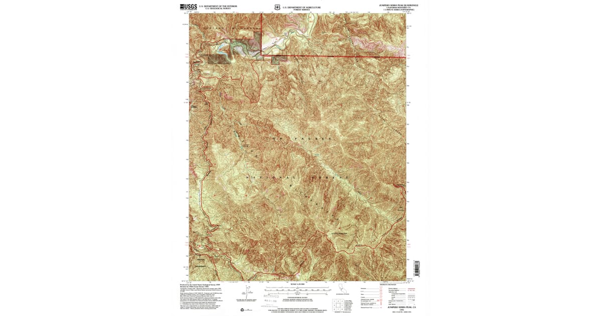 1995 Map of Junipero Serra Peak, Monterey County, CA — High-Res | Pastmaps