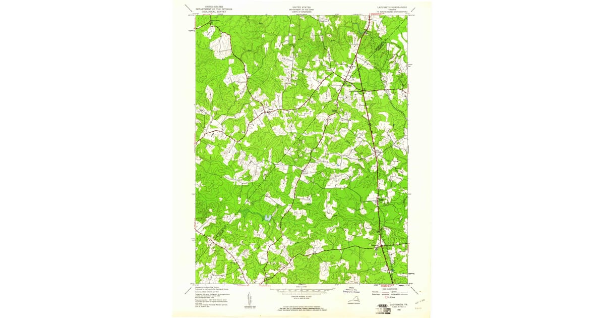 1942 Map of Ladysmith, Caroline County, VA — High-Res, 1961 Print ...
