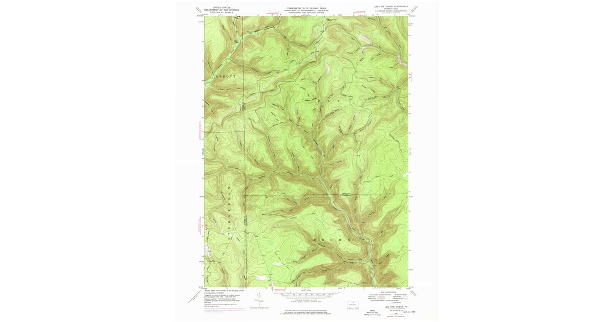 1947 Map of Lee Fire Tower, Tioga County, PA — High-Res, 1977 Print ...