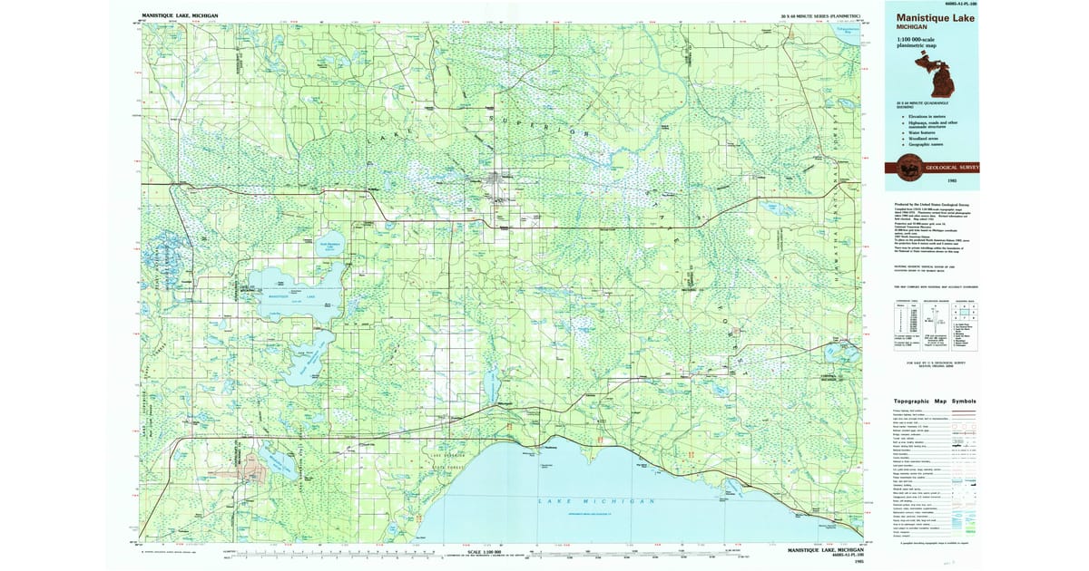 1985 Map of Manistique Lake, Mackinac County, MI — High-Res | Pastmaps