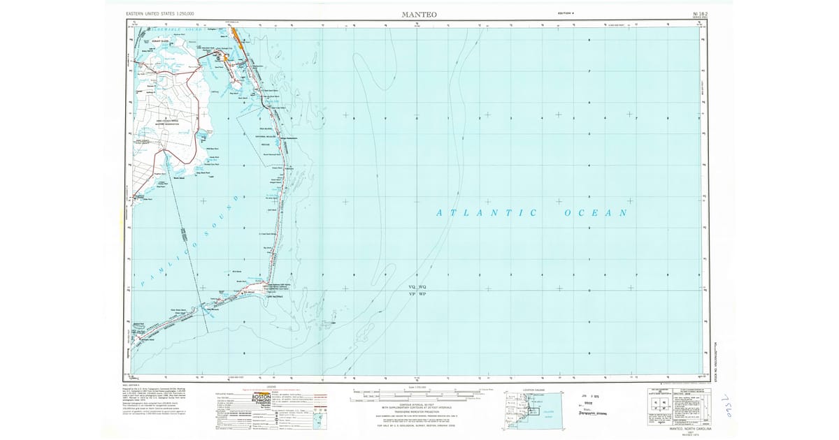 1957 Map of Manteo, NC — High-Res, 1974 Print #2 | Pastmaps