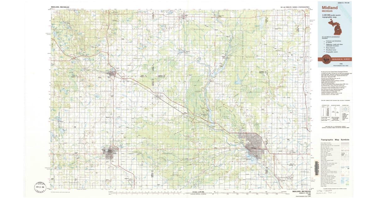 1984 Map of Midland, MI — High-Res, 1989 Print | Pastmaps