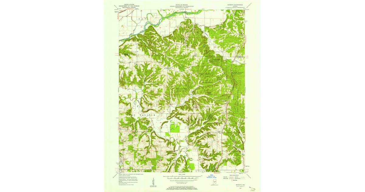 1957 Map of Modesto, Monroe County, IN — High-Res, 1968 Print | Pastmaps