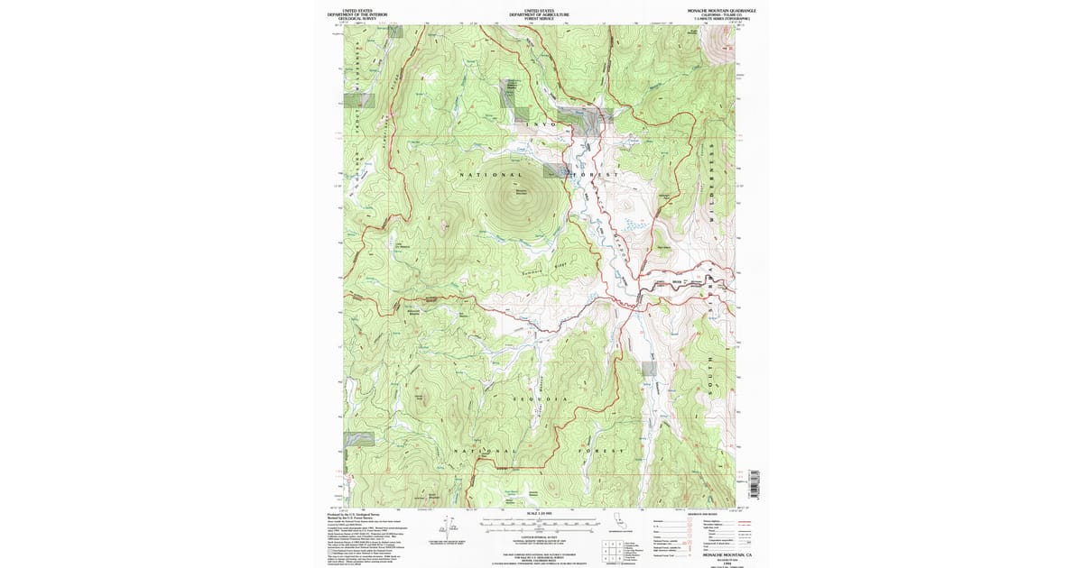 1994 Map of Monache Mountain, Tulare County, CA — High-Res | Pastmaps