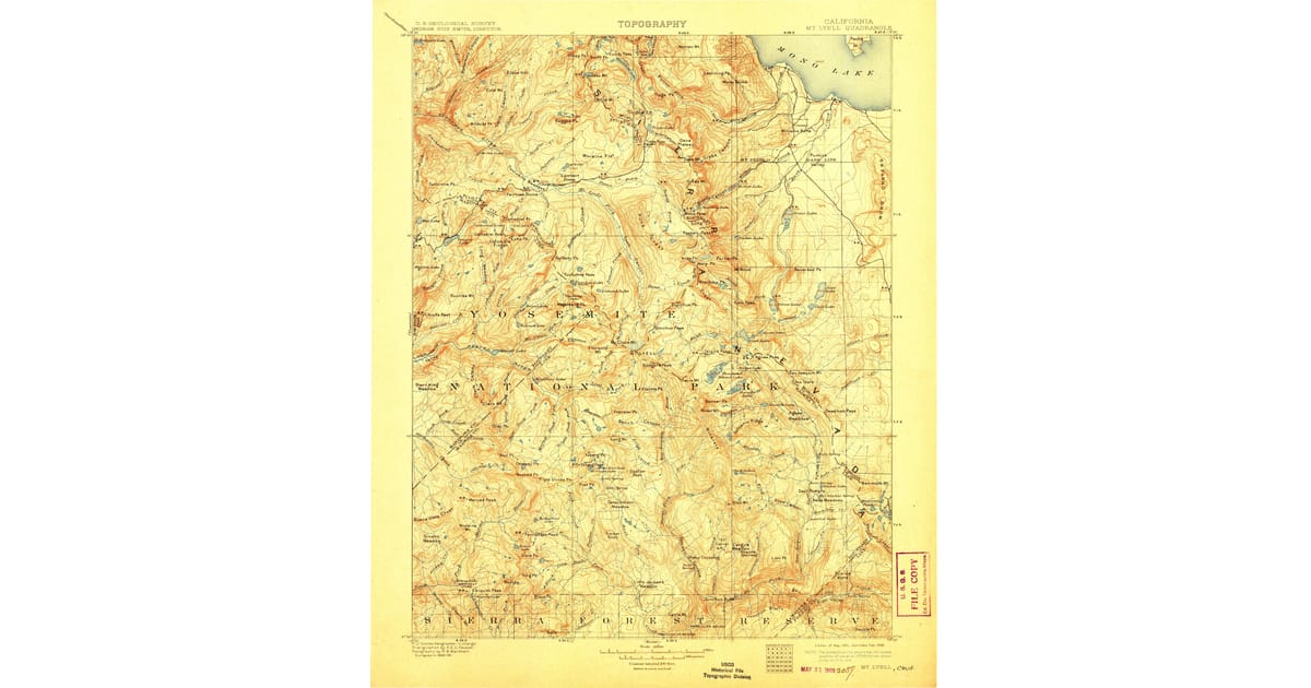 1901 Map of Mt. Lyell, Madera County, CA — High-Res, 1908 Print | Pastmaps