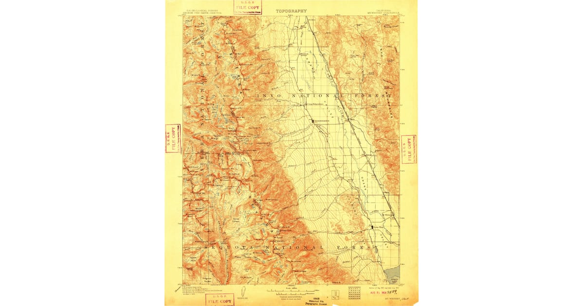 1907 Map of Mt. Whitney, Inyo County, CA — High-Res, 1910 Print | Pastmaps