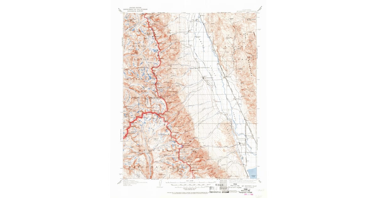 1937 Map of Mt. Whitney, Inyo County, CA — High-Res, 1968 Print | Pastmaps
