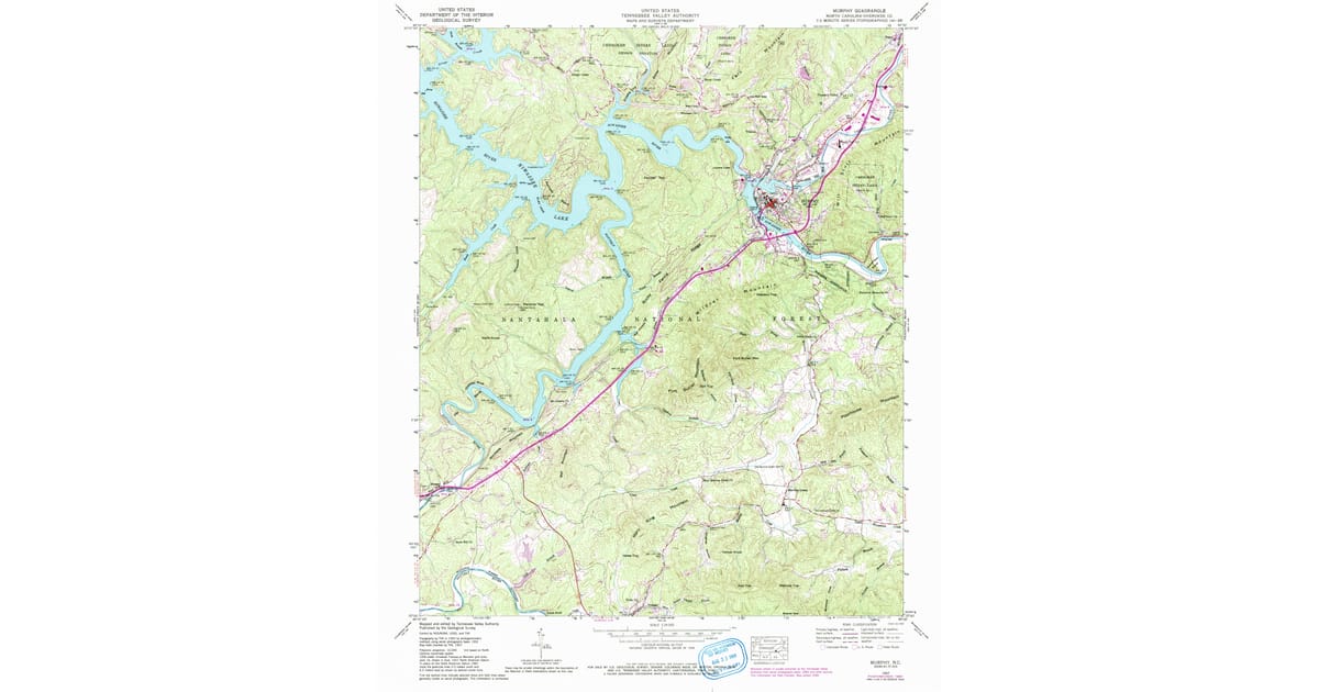1957 Map of Murphy, NC — High-Res, 1990 Print | Pastmaps