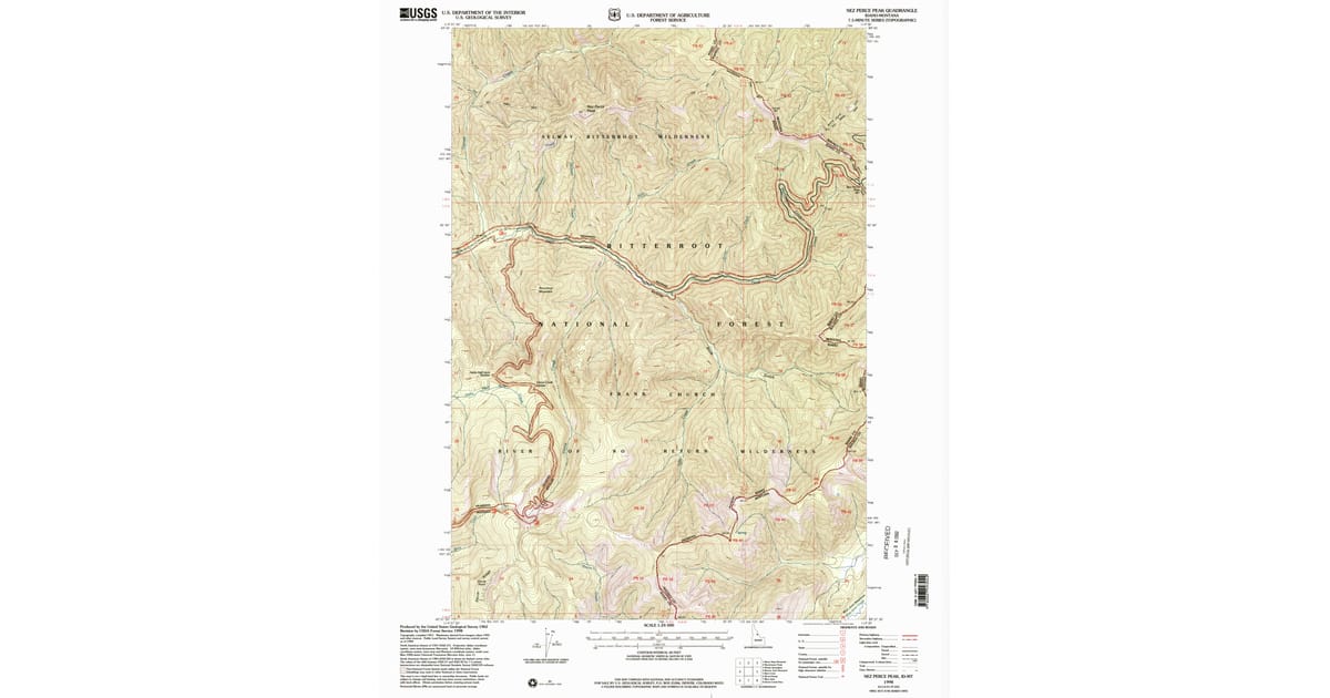 1998 Map of Nez Perce Peak, Idaho County, ID — High-Res | Pastmaps