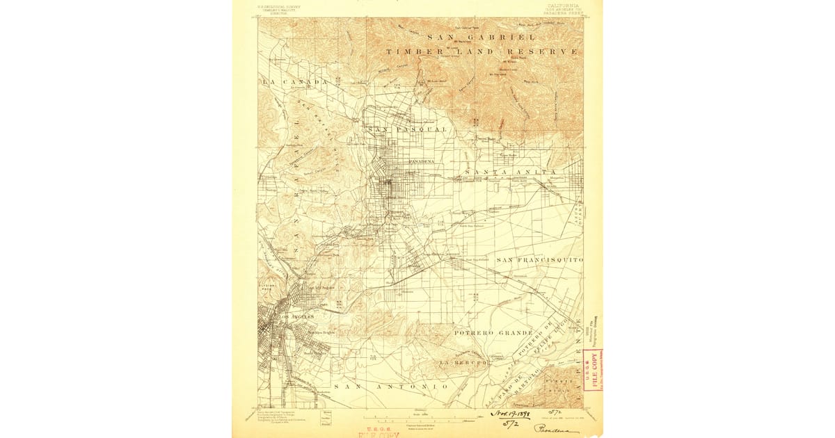 1896 Map of Pasadena, CA — High-Res, 1898 Print | Pastmaps