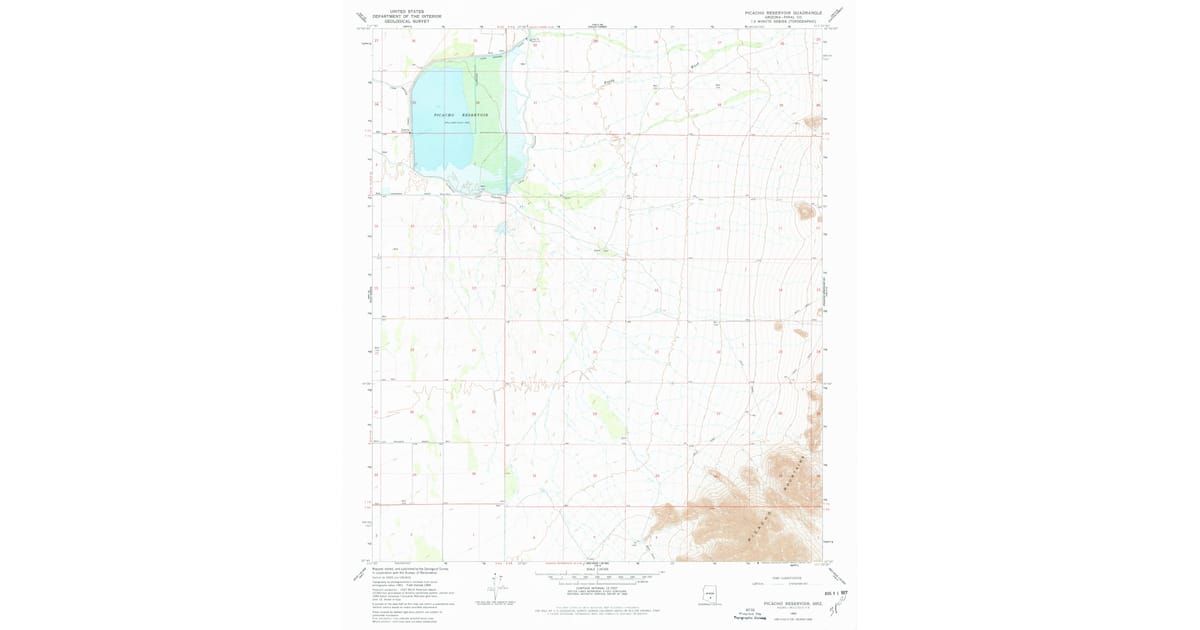 1965 Map of Picacho Reservoir, Pinal County, AZ — High-Res, 1977 Print ...