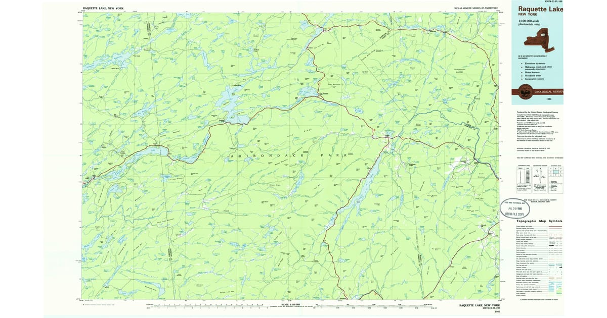 1985 Map of Raquette Lake, Hamilton County, NY — High-Res | Pastmaps