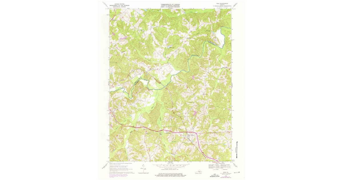 1968 Map of Rice, Prince Edward County, VA — High-Res, 1975 Print | Pastmaps