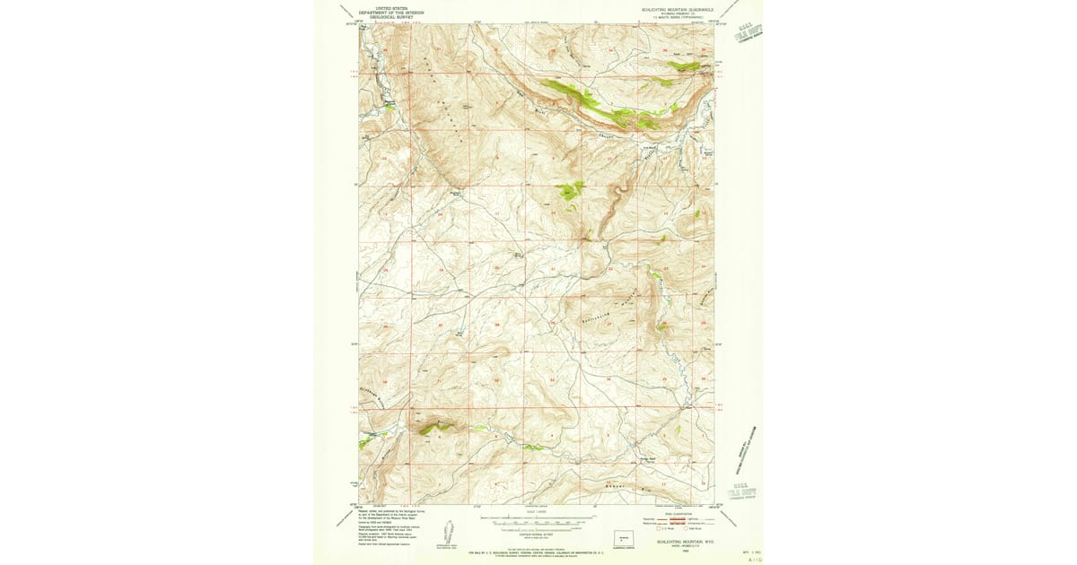 1953 Map of Schlichting Mountain, Fremont County, WY — High-Res | Pastmaps