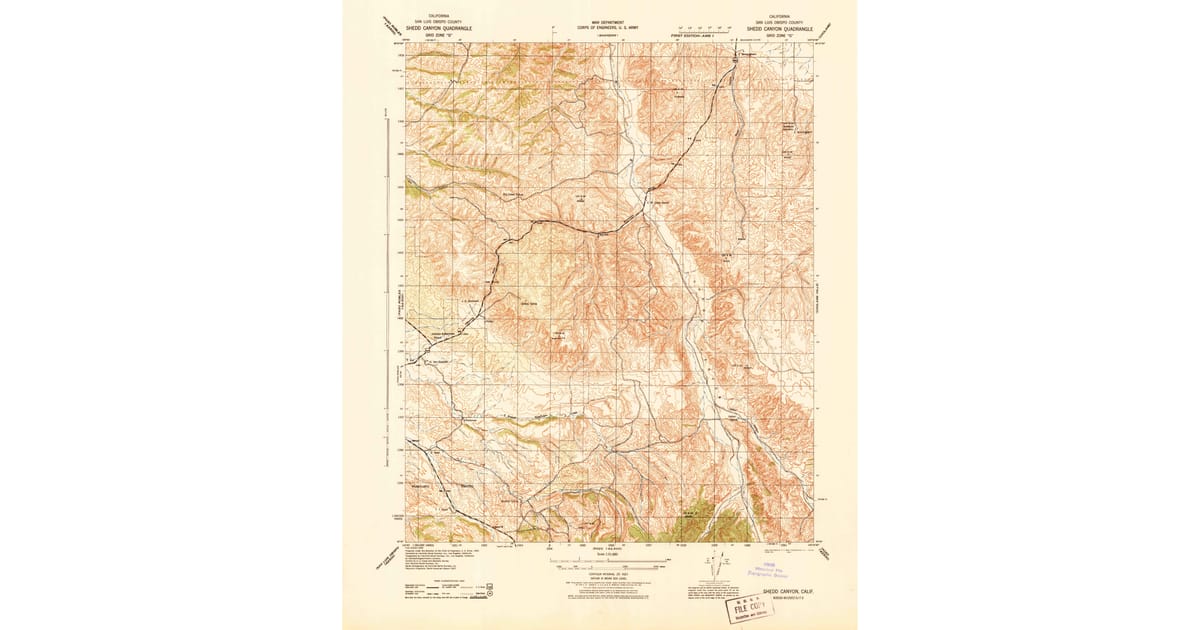 1943 Map of Shedd Canyon, San Luis Obispo County, CA — High-Res | Pastmaps
