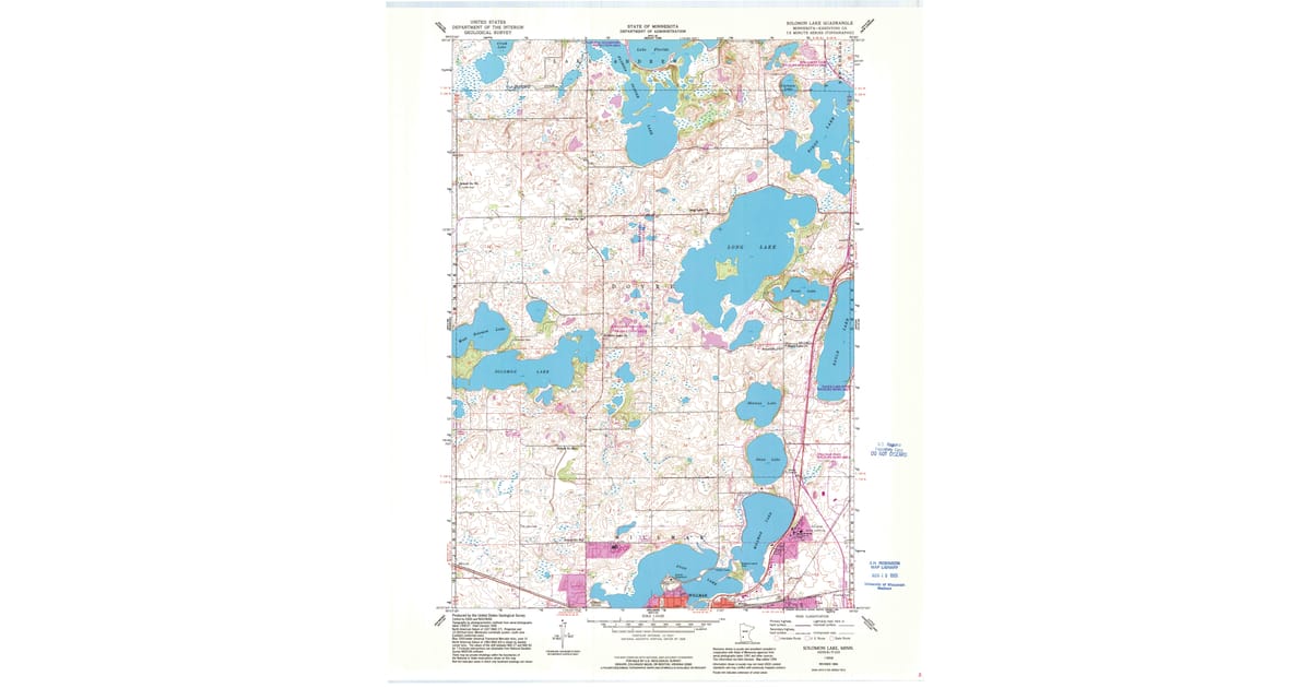 1958 Map of Solomon Lake, Kandiyohi County, MN — High-Res, 1995 Print ...