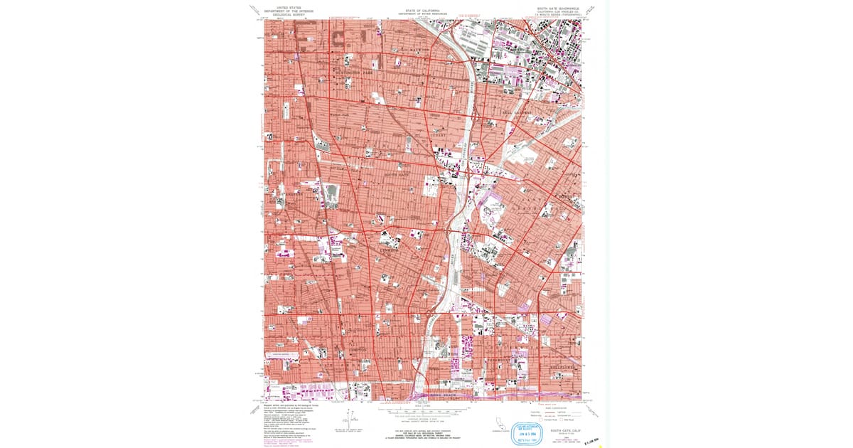 1964 Map of South Gate, CA — High-Res, 1988 Print | Pastmaps