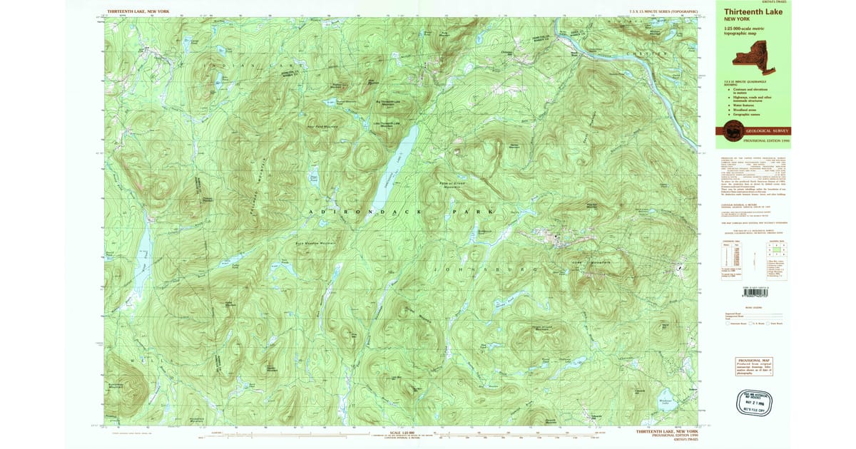 1990 Map of Thirteenth Lake, Warren County, NY — High-Res, 1990 Print ...