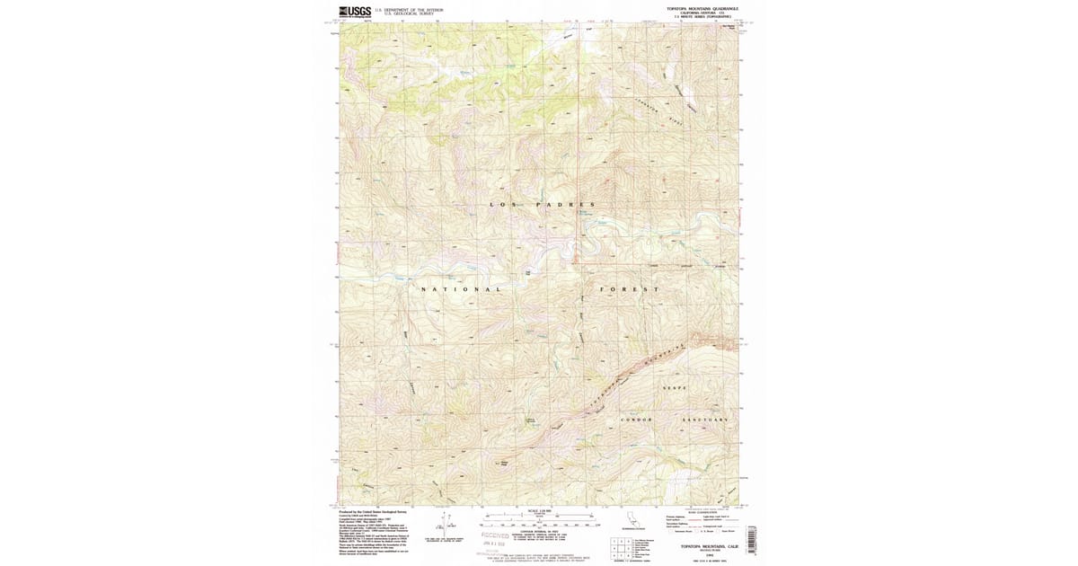 1991 Map of Topatopa Mountains, Ventura County, CA — High-Res | Pastmaps