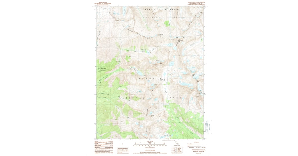 1988 Map of Triple Divide Peak, Tulare County, CA — High-Res | Pastmaps